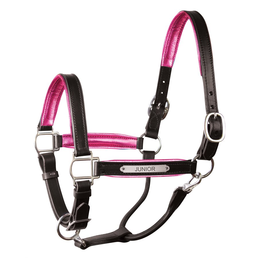 COB BLACK / PINK METALLIC PADDED LEATHER HALTER W / PLATE