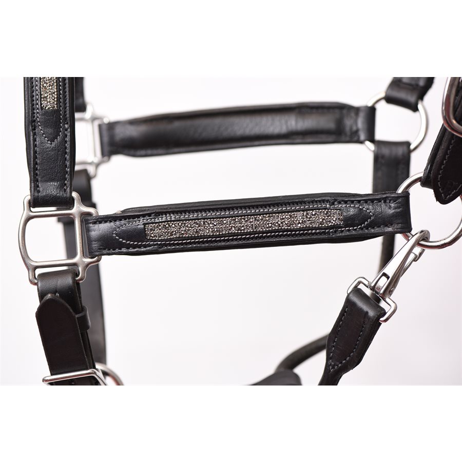 HORSE SILVER BLING BLACK PADDED HALTER W / STAINLESS STEEL HARDWARE